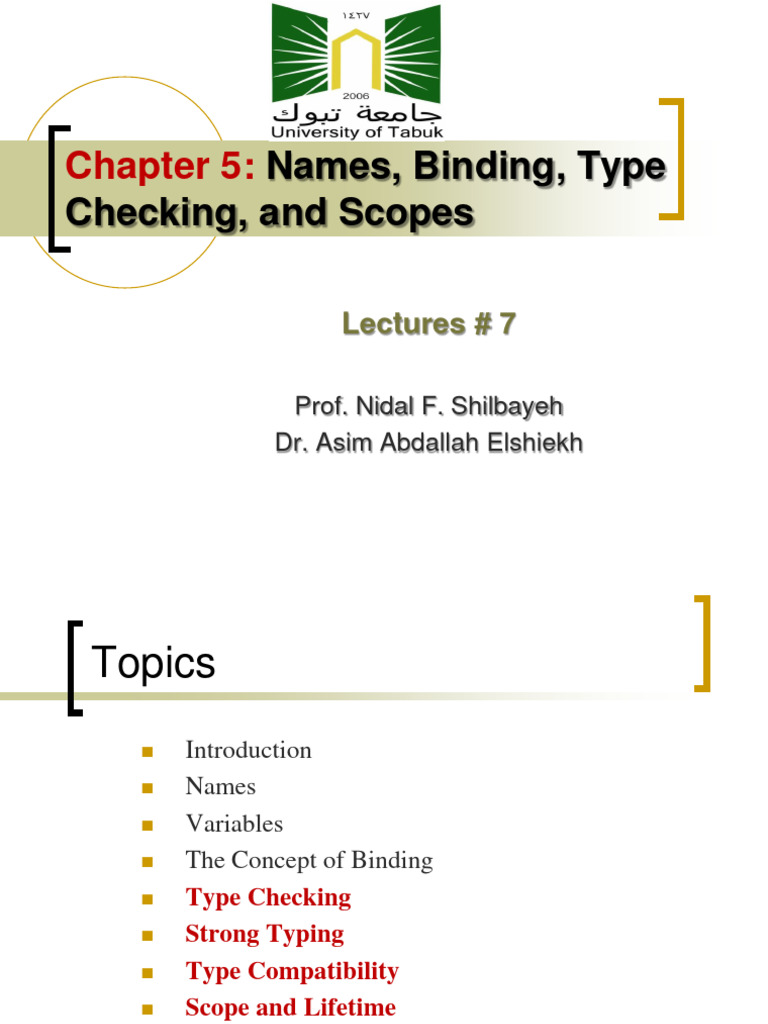Ch5 - Lecture 7 - Names, Binding, Type Checking and Scopes - Part 2 ... Ch5 - Lecture 7 - Names, Binding, Type Checking and Scopes - Part 2 ...