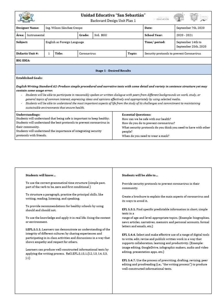 Unit Plan 1 - Egb - 20-21 | Download Free PDF | Learning | Reading Comprehension
