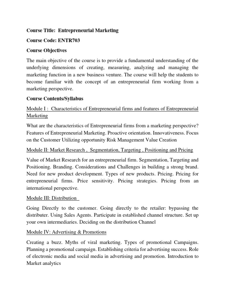 Entrepreneurial Marketing Course Syllabus | PDF | Marketing ...
