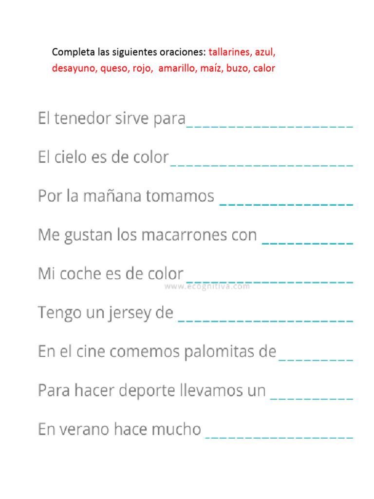 Completa las siguientes oraciones | PDF