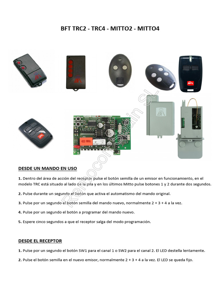 BFT Trc2 - Trc4 - Mitto2 - Mitto4: Desde Un Mando en Uso | PDF