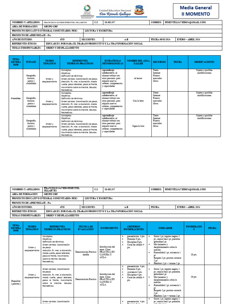 GCRP 4to Año Formato de Planificacion Ii Momento - Ae 2023-2024 - 1 | PDF