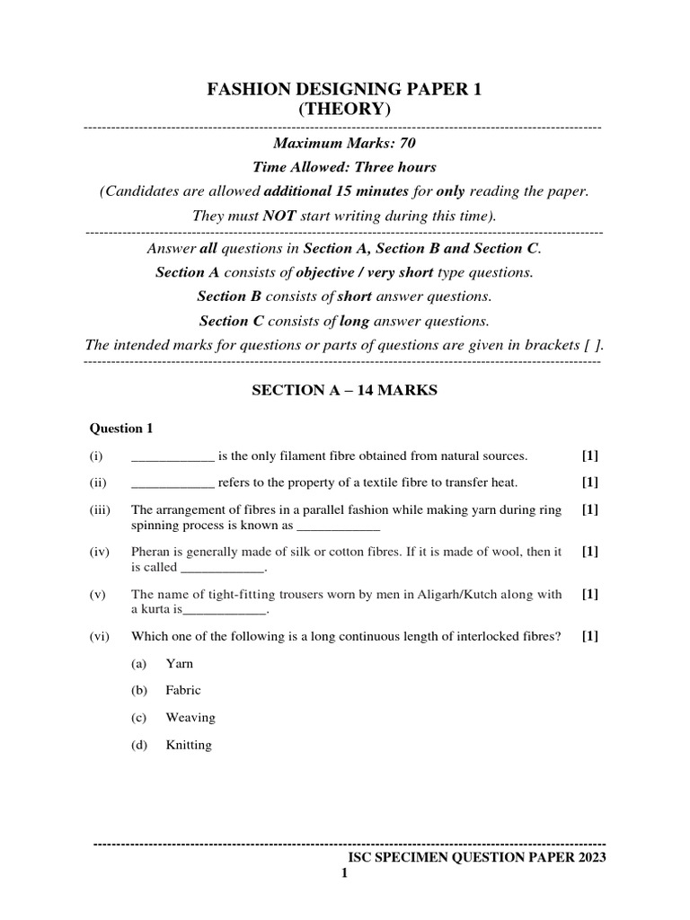 ISC Class 12 Fashion Designing Paper 1 (Therory) Question Paper 2023 ...