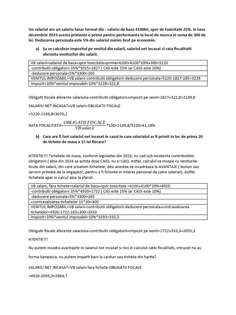 Aplicatie Rezolvata Impozit Pe Venitul Din Salarii | PDF