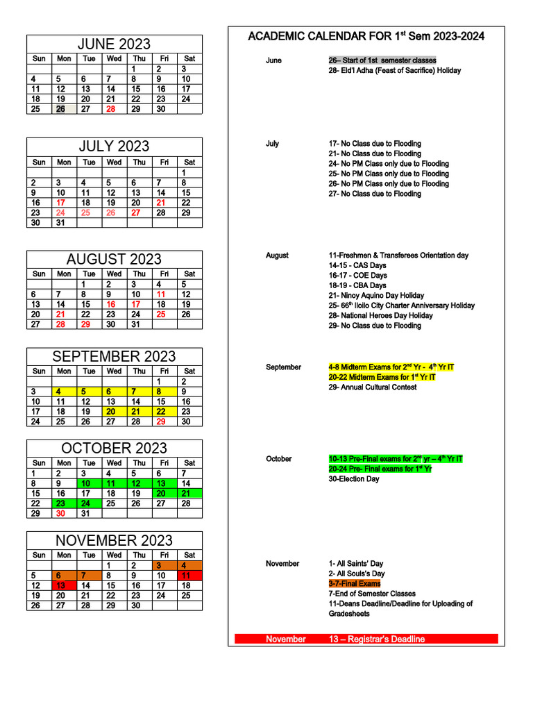 REVISED CALENDAR OF ACTIVITIES For IT 1st SEM. 2023 2024 1 | PDF | Schools
