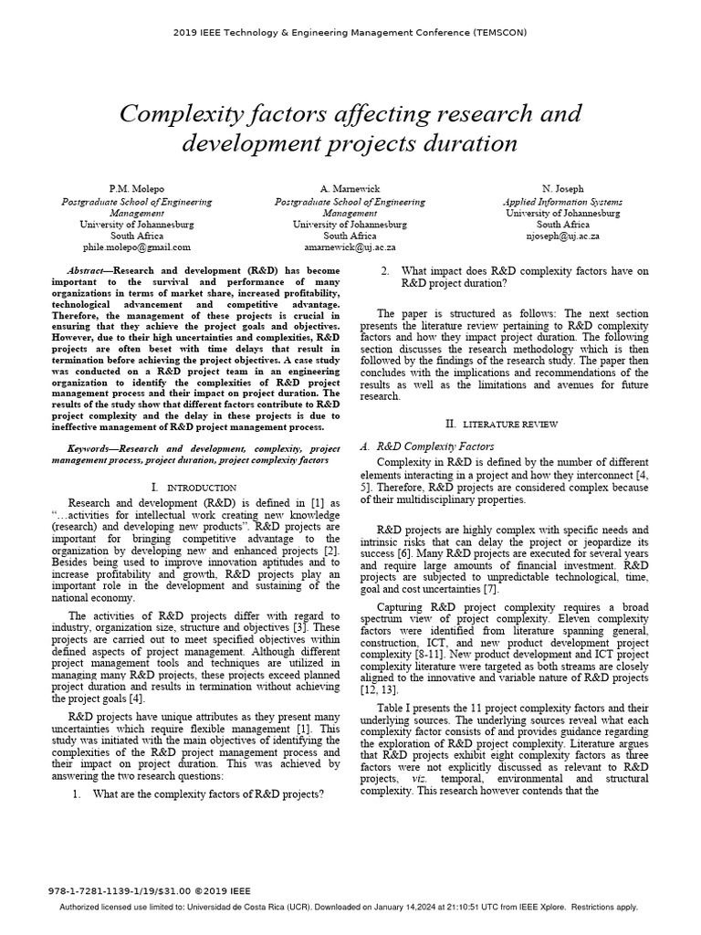 Complexity Factors Affecting Research and Development Projects Duration ...