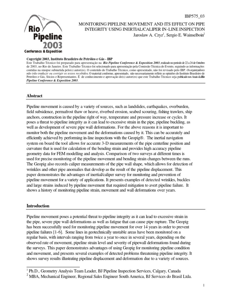 MONITORING PIPELINE MOVEMENT AND ITS EFFECT ON PIPE INTEGRITY USING ...
