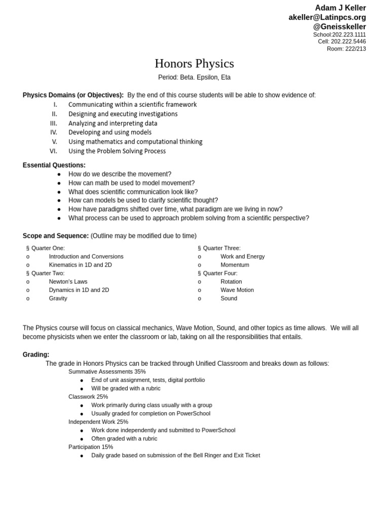 Honors Physics 2021-2022 Syllabus | PDF