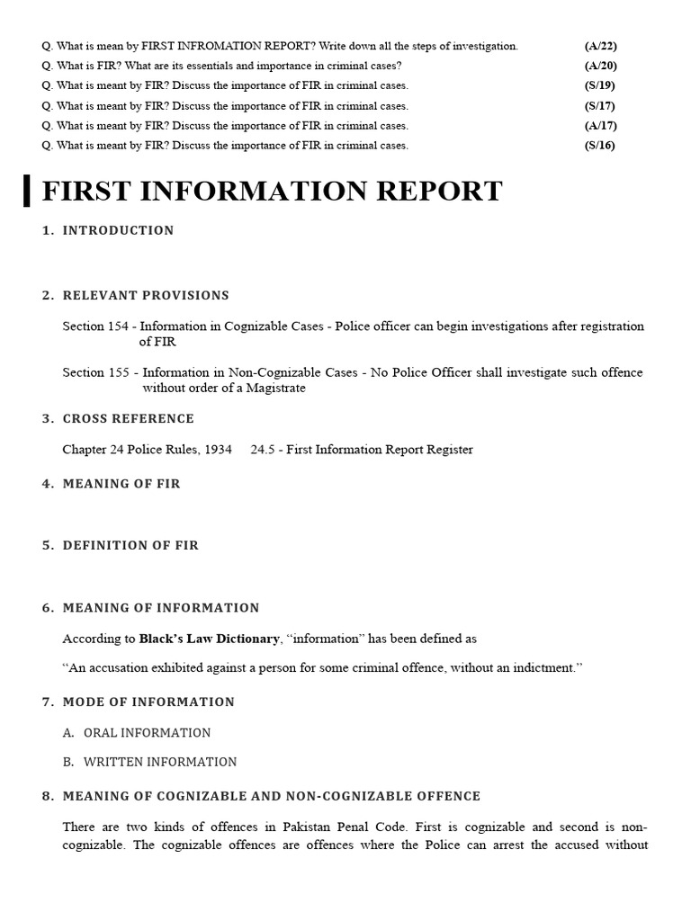First Information Report: A. Oral Information B. Written Information ...