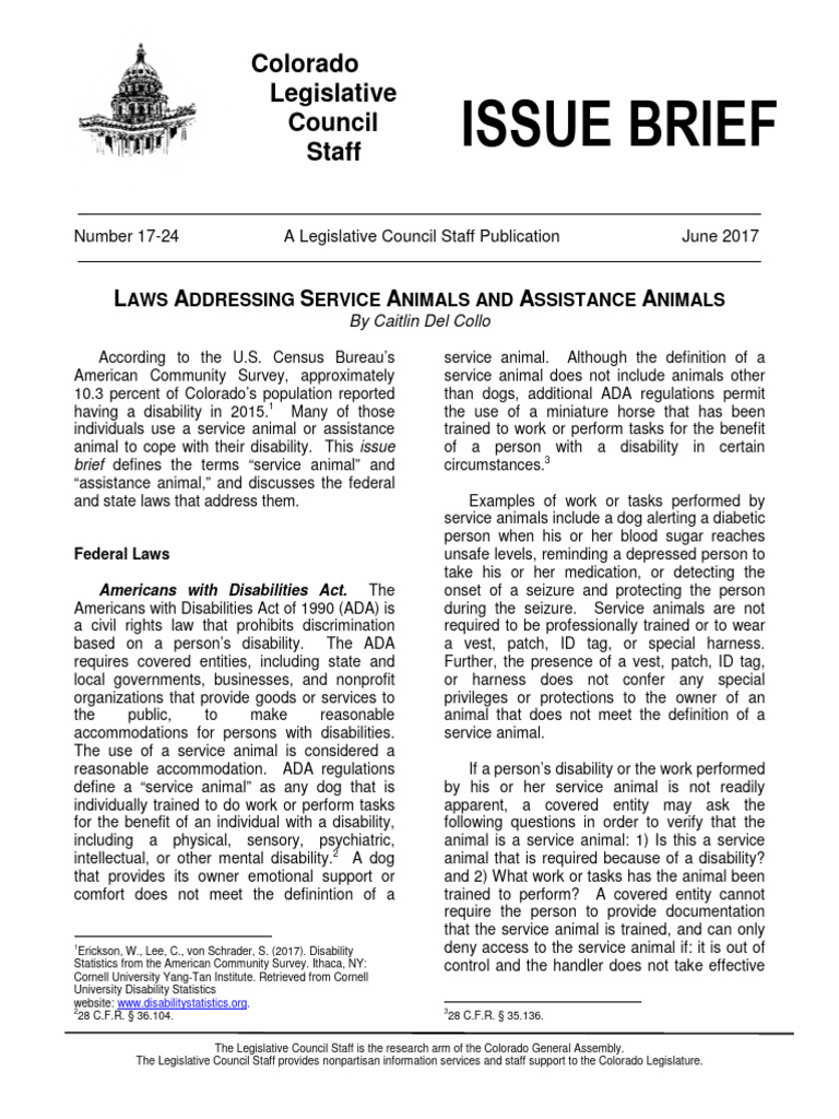 Laws Addressing Service Animals and Assistance Animals | PDF