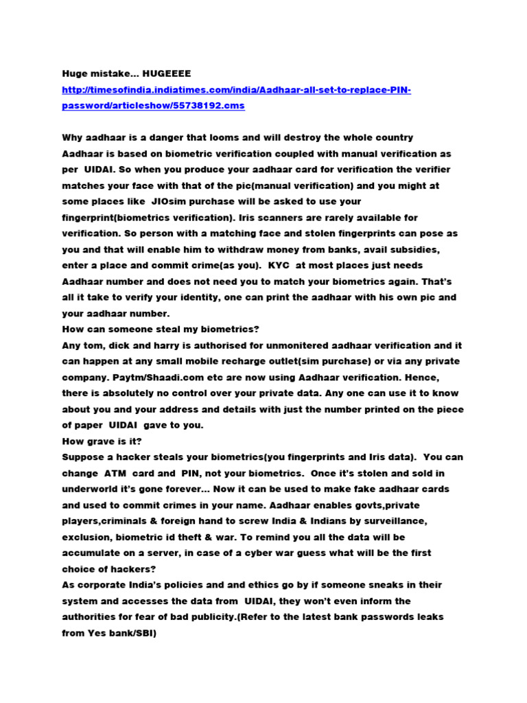 Aadhar - A Huge Mistake | PDF