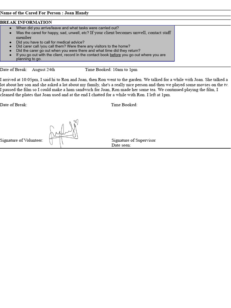 Name of The Cared For Person: Joan Handy Break Information | PDF