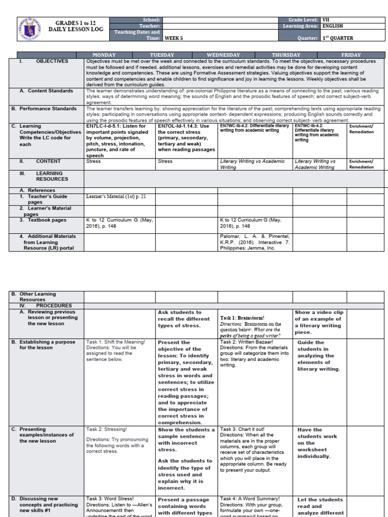 English Week 5 Original | PDF | Stress (Linguistics) | Curriculum