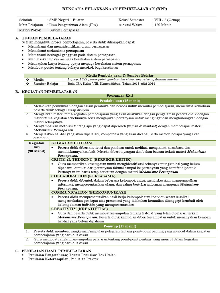 9.3 RPP II IPA Kelas 8 - Sistem Pernapasan | PDF | Karier & Perkembangan | Komputer