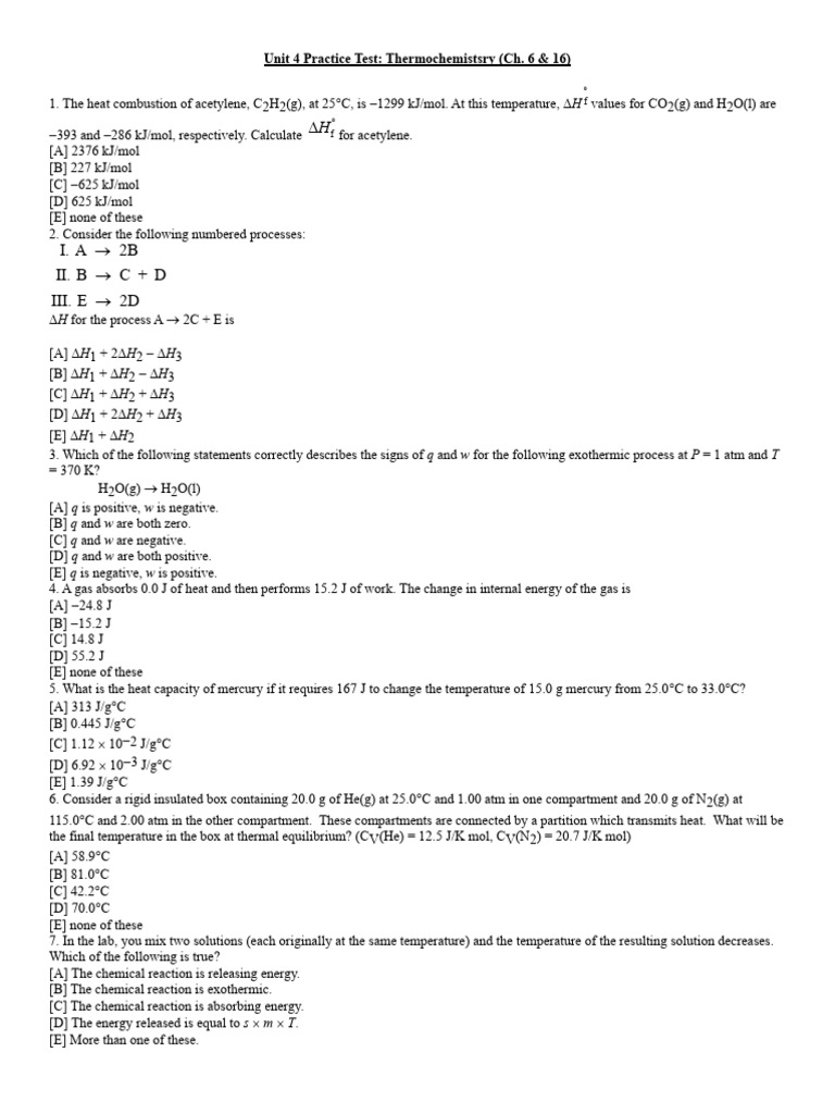 Thermochemistry Practice Test Questions | PDF | Chemistry | Physical ...