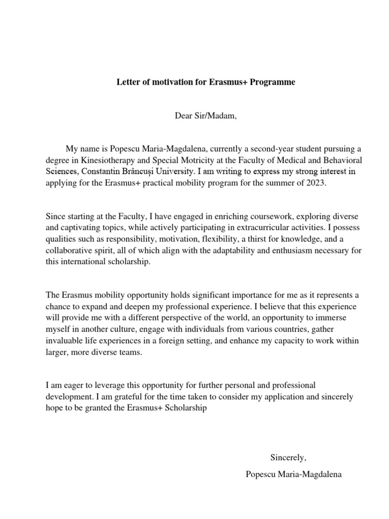 Erasmus+ Motivation Letter Example | PDF | Career & Growth