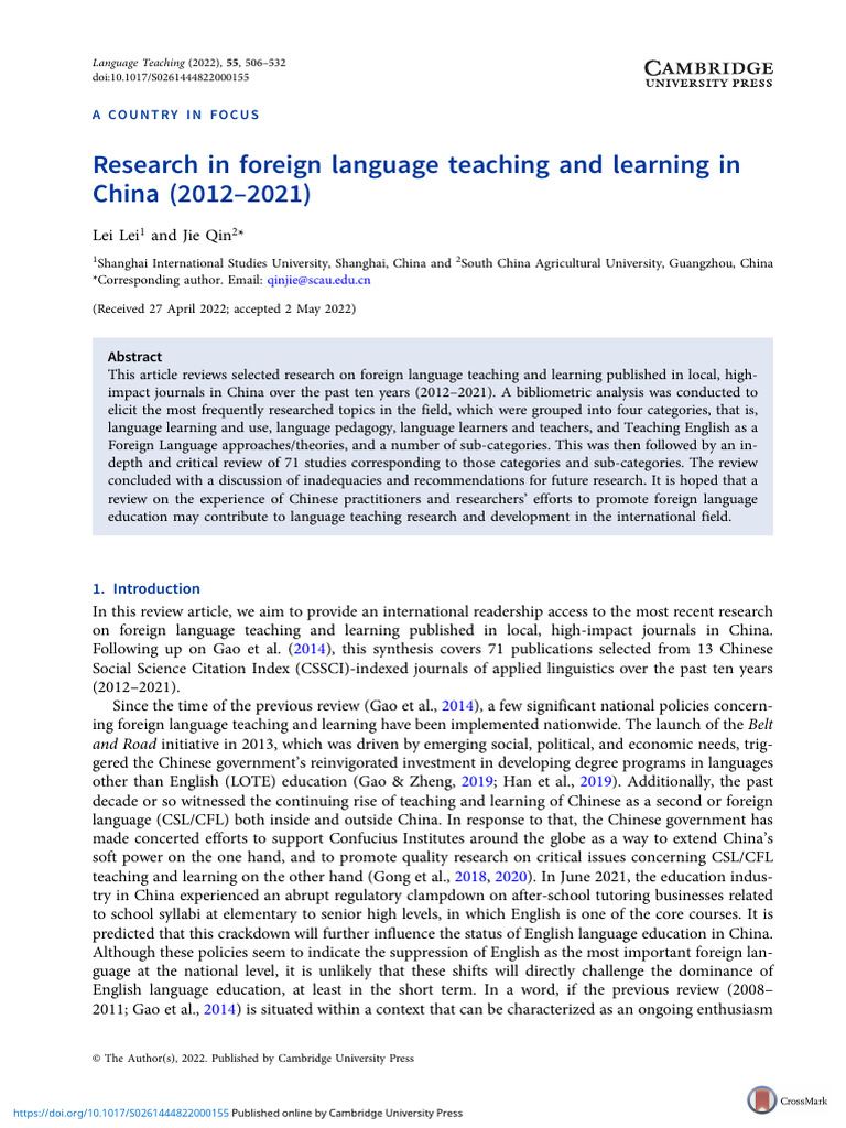 Research in Foreign Language Teaching and Learning in China 2012-2021 ...