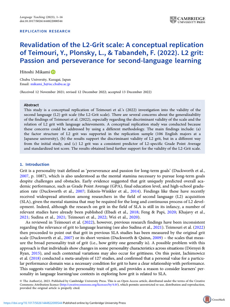 Revalidation of The l2 Grit Scale A Conceptual Replication of Teimouri y Plonsky L and Tabandeh ...