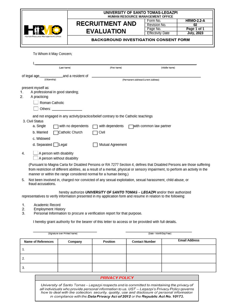 HRMO Form 2.2-A (BACKGROUND INVESTIGATION CONSENT FORM) | PDF