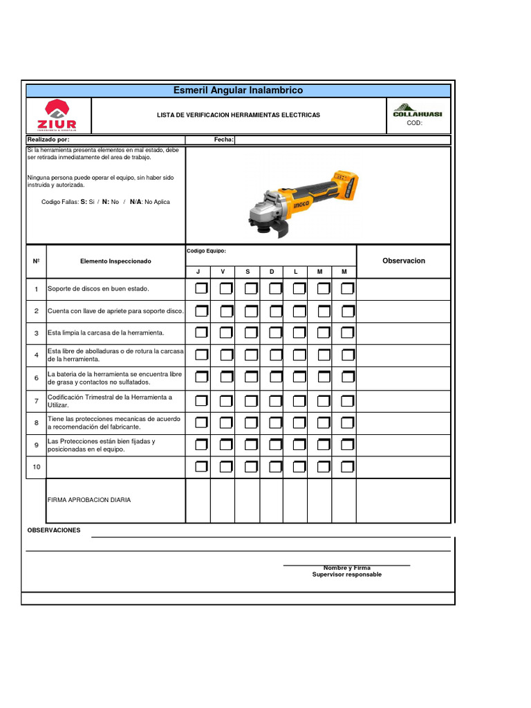 Check List Esmeril Inalambrico ZIUR | PDF