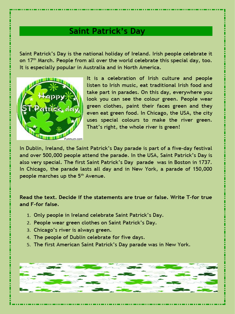Saint Patricks Day Reading Comprehension Exercises - 25634 | PDF