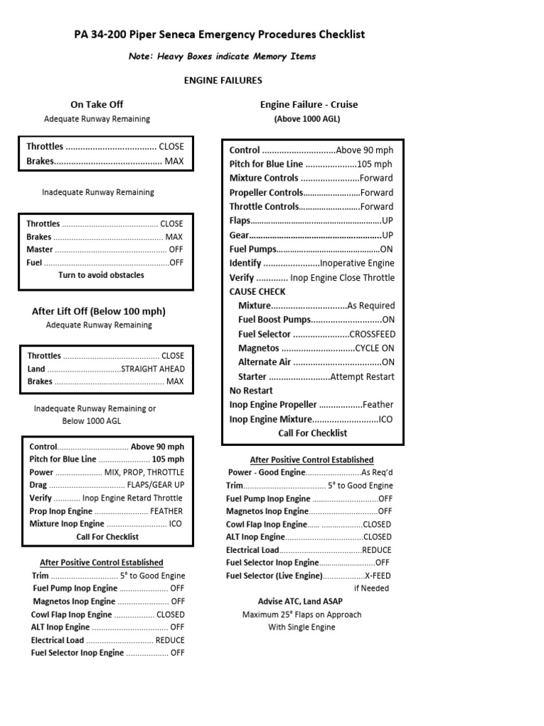 Pa 34 Emergency Checklist | PDF | Engines | Throttle