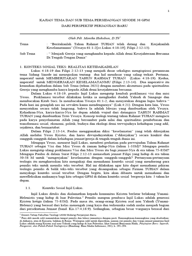 Kajian Tema Dan Sub Tema SS 38 GPM Dari Perspektif Perjanjian Baru ...