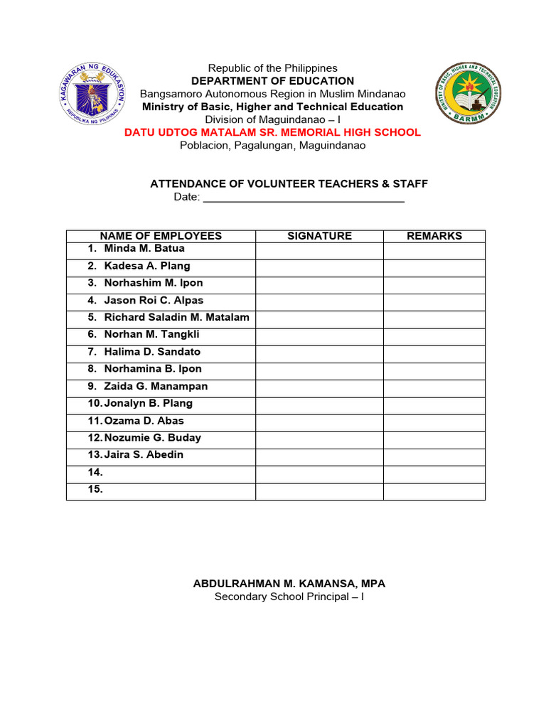 Volunteer Attendance Sheet - Matalam High | PDF