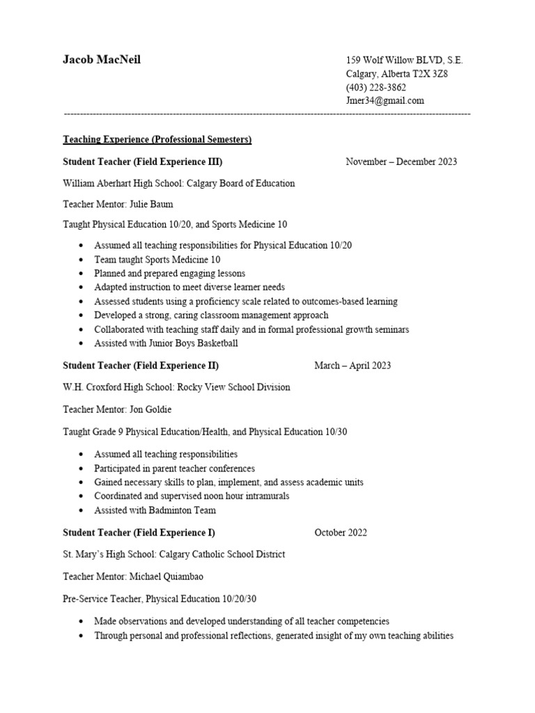 Professional Resume - Jacob Macneil | PDF | Teachers | Mentorship
