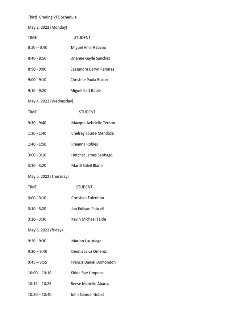 Third Grading PTC Schedule | PDF