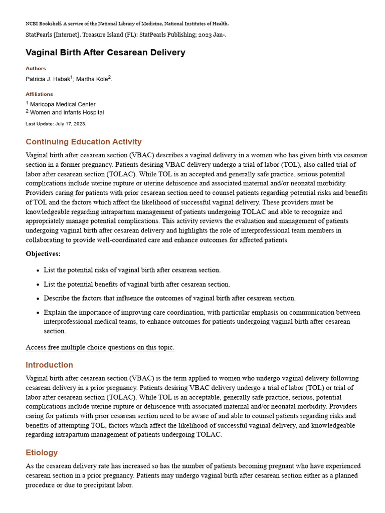 Vaginal Birth After Cesarean Delivery - StatPearls - NCBI Bookshelf ...