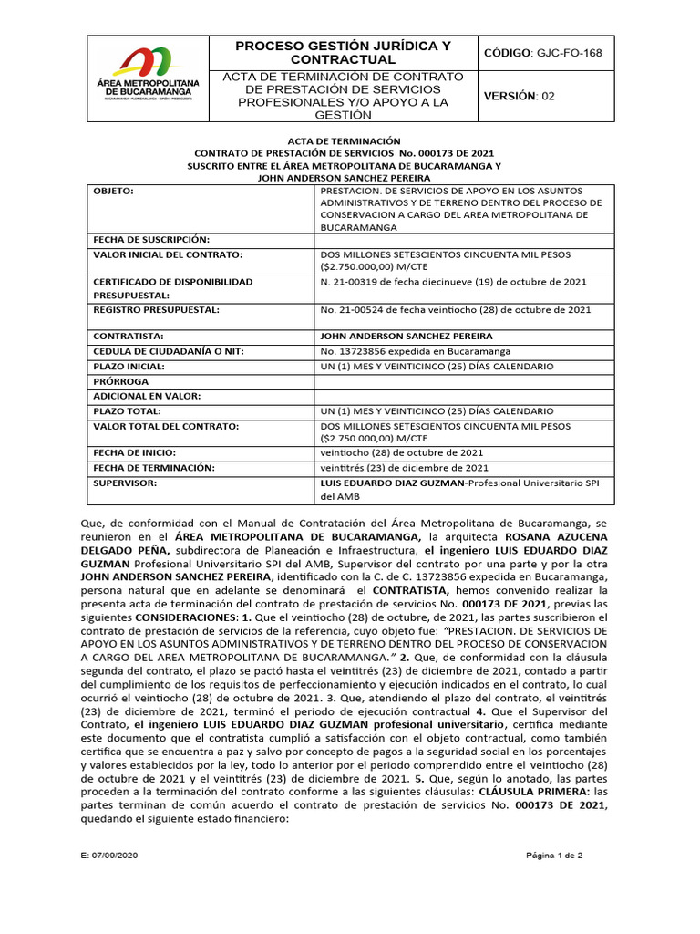 Acta de Terminación de Contrato - 00173-2021 - John Anderson Sanchez | PDF | Finanzas y ...