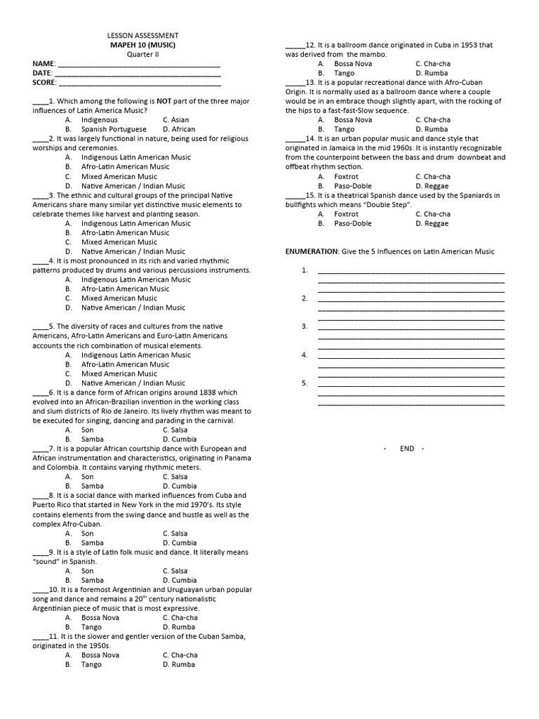 LESSON ASSESSMENT - MAPEH MUSIC Q2 | PDF | Dances | Performing Arts