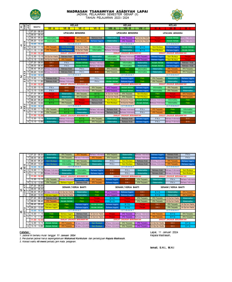 Jadwal Pelajaran MTs Asádiyah 2024 | PDF