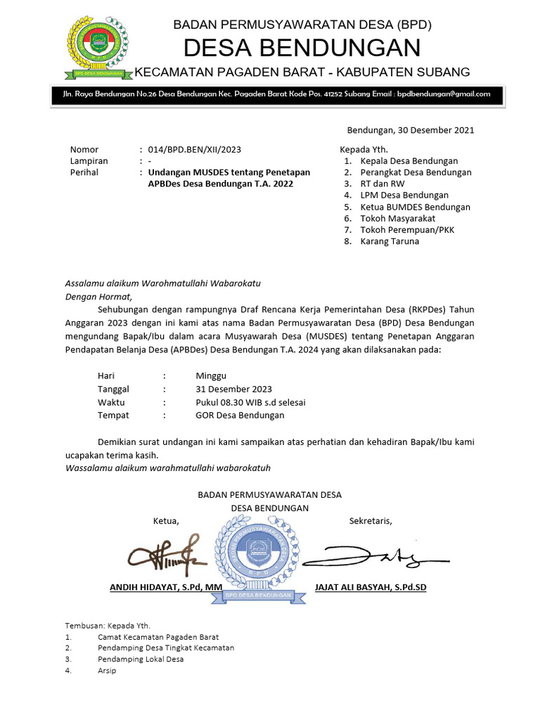 Surat Undangan Musdes APBDes 2024 Bendungan | PDF