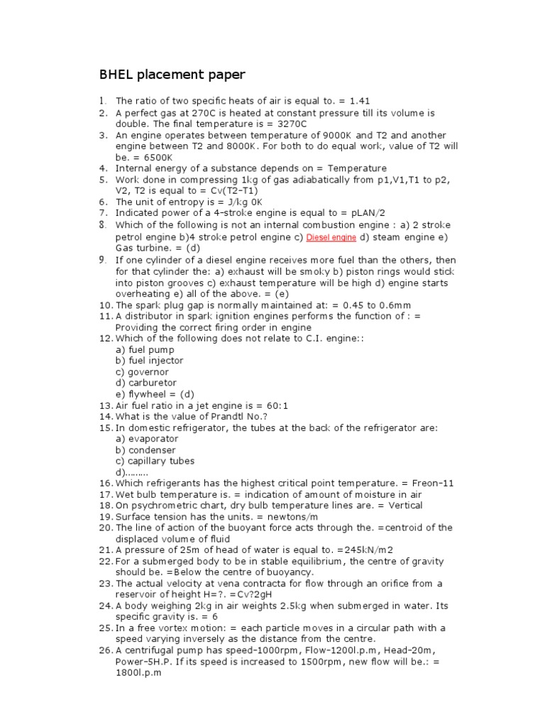 BHEL Placement Paper | PDF | Internal Combustion Engine | Buoyancy