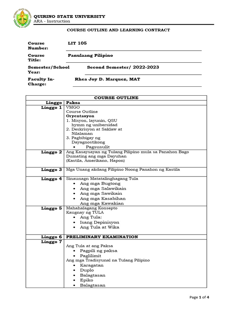 COURSE OUTLINE - Panulaan | PDF