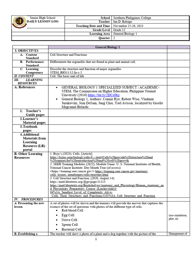 Lesson Plan PROFED | Download Free PDF | Endoplasmic Reticulum | Cell (Biology)