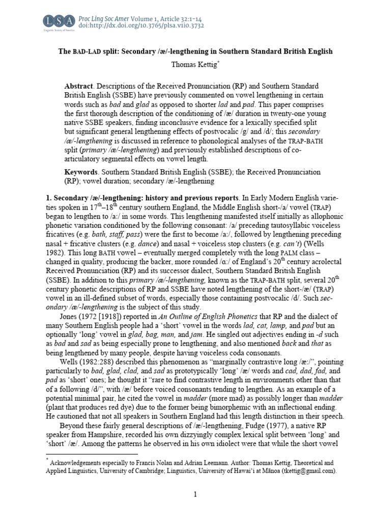 The BAD-LAD Split: Secondary /æ/-Lengthening in Southern Standard ...