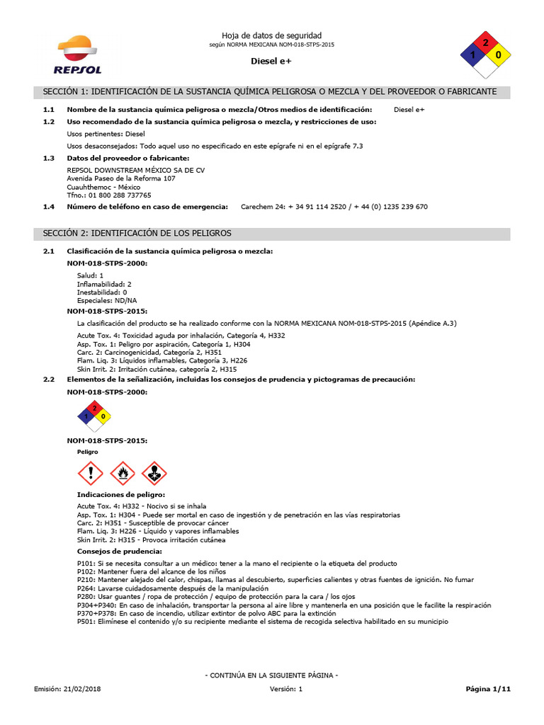 Hoja de datos de seguridad Diésel e+ | PDF | Toxicidad | Residuos