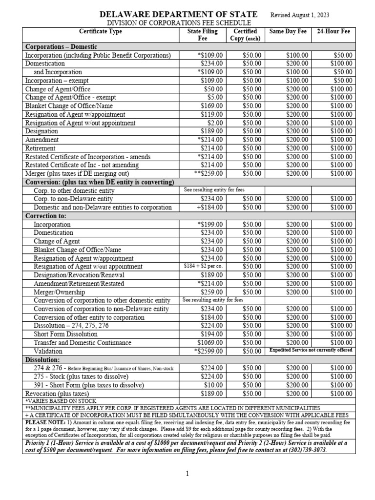 Delaware Department of State Fee Schedule | PDF | Partnership | Limited ...