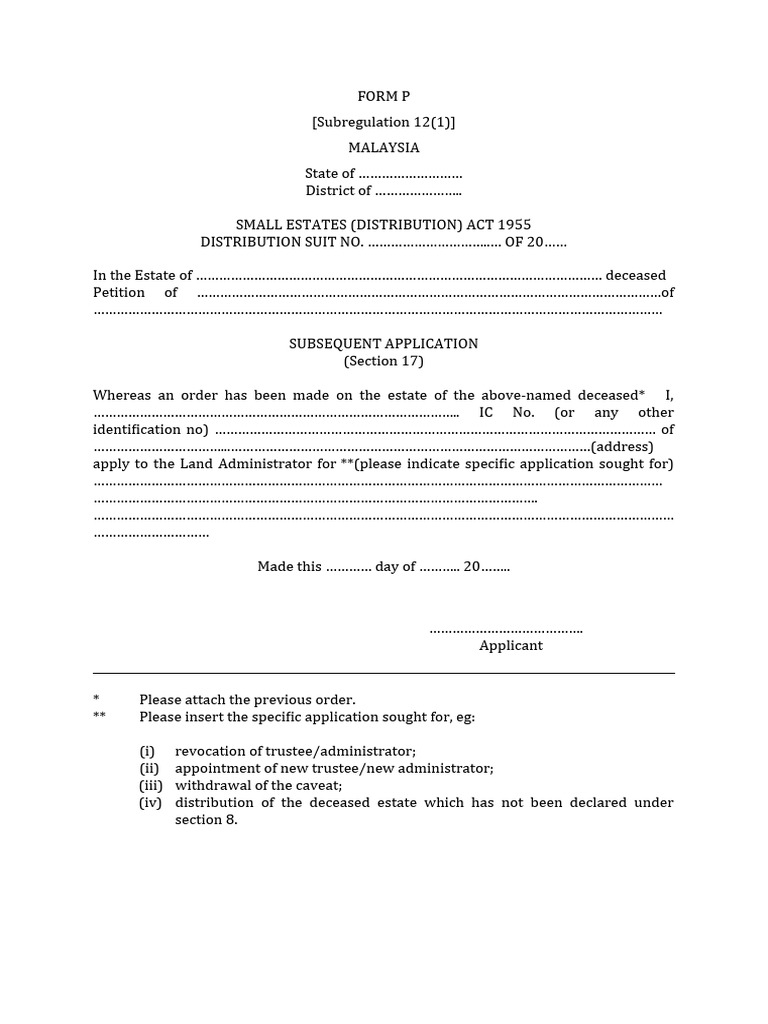 Borang Permohonan Berikutnya - Bahasa Inggeris Borang P - Seksyen 17 | PDF