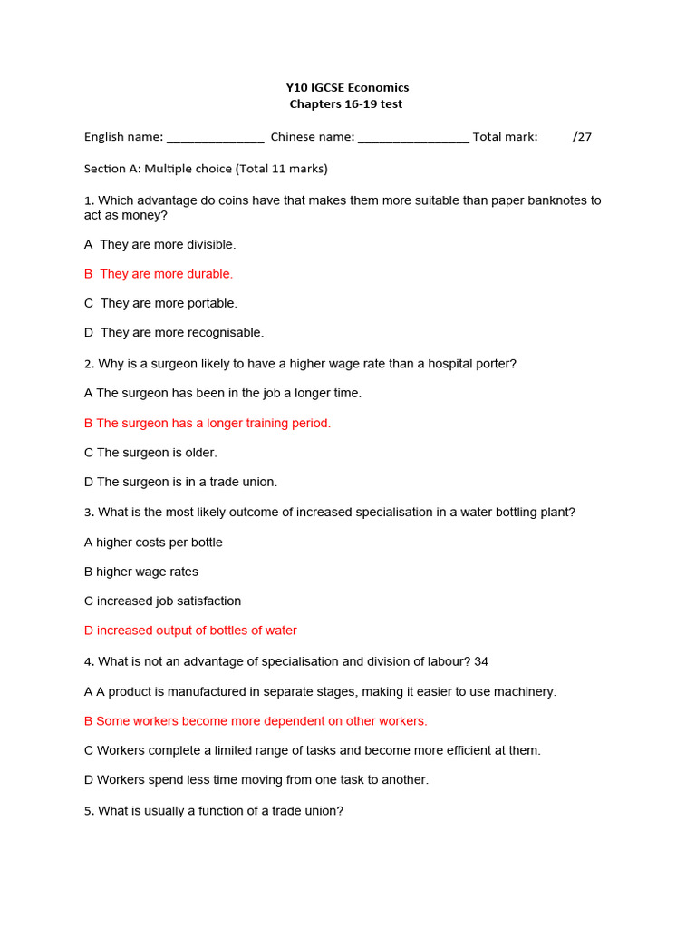 Y10 IGCSE Economics Test 4 Ans - Class 5 | PDF | Taxes | Income
