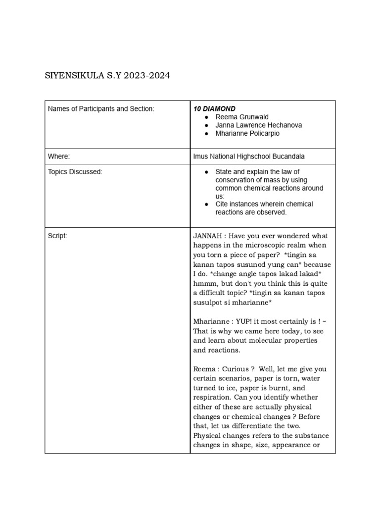 Siyensikula - Grade 10 - Diamond - Chemical Reactions | PDF