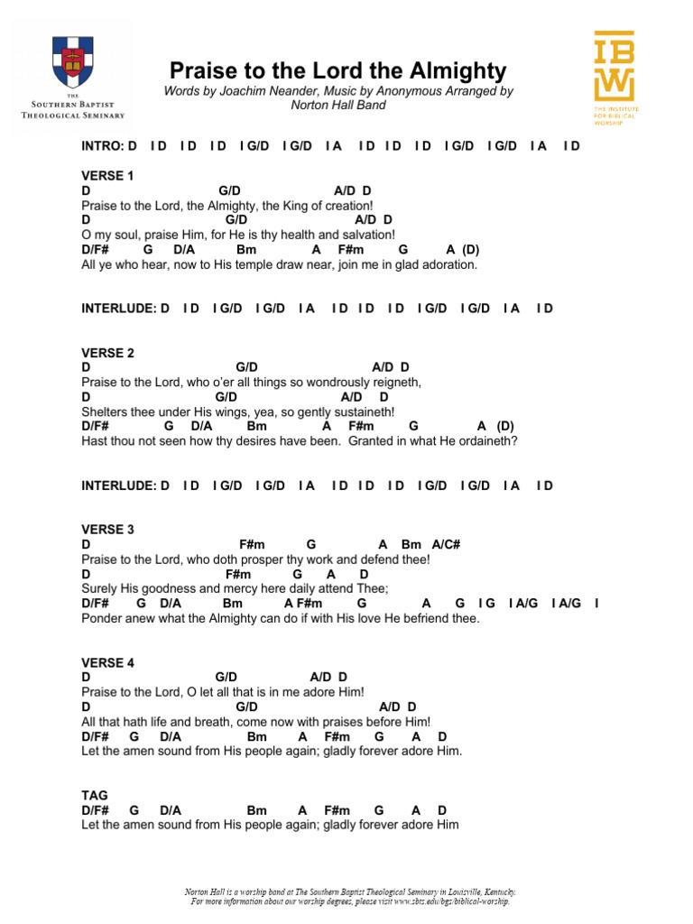 Praise To The Lord The Almighty (D) - Chord Chart | PDF