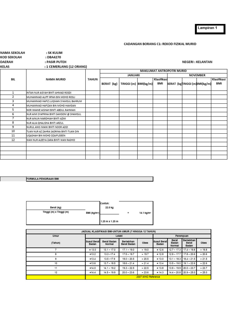 Borang C 1 Bmi Tinggi Berat RMTS | PDF