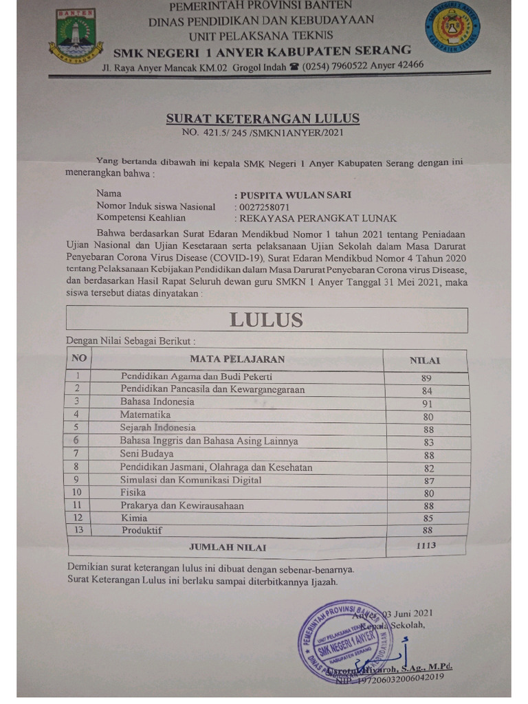 Surat Keterangan Lulus | PDF