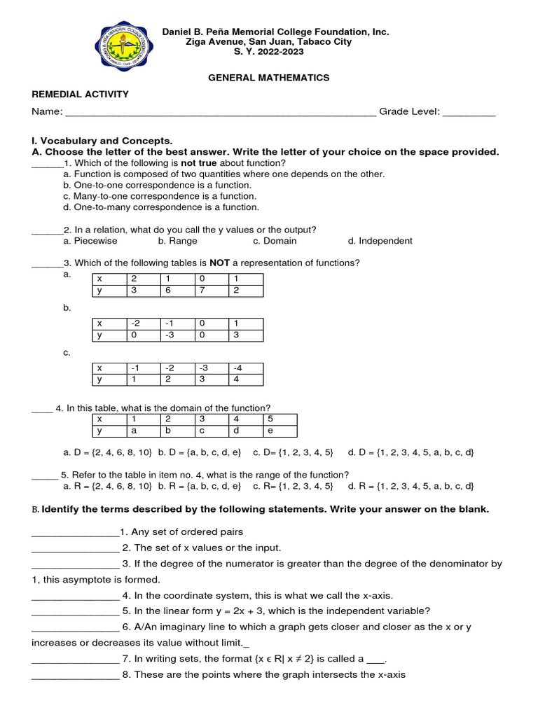 Remedial Activity 1 | PDF | Function (Mathematics) | Asymptote