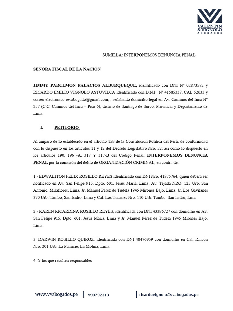 Denuncia Jimmy Parcemon Palacios Alburqueque | PDF | Justicia | Crimen ...