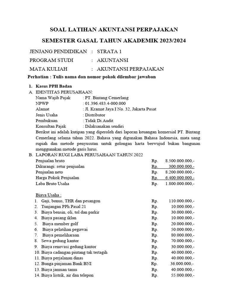 Latihan Soal Akuntansi Perpajakan | PDF